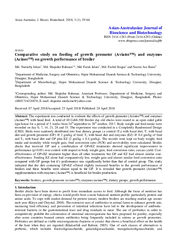 (PDF) Comparative study on feeding of growth promoter (Aviator) and ...