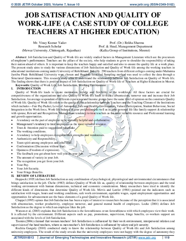 (PDF) Job Satisfaction and Quality of Work Life (A Case Study of ...