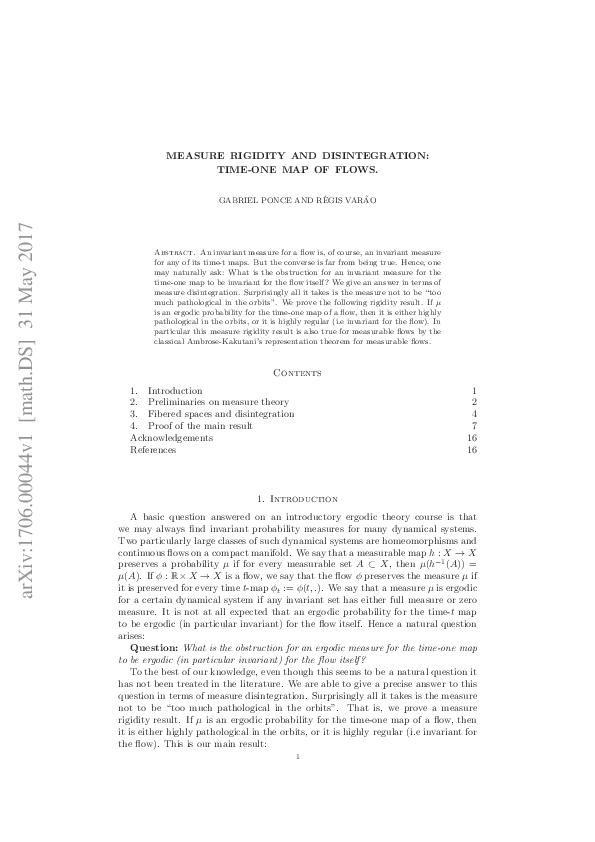 (PDF) Measure Rigidity and Disintegration: Time-one map of flows