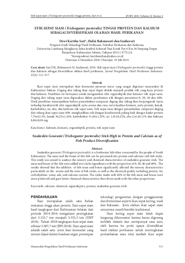 (PDF) Snakeskin Gourami (Trichogaster pectoralis) Stick High in Protein ...