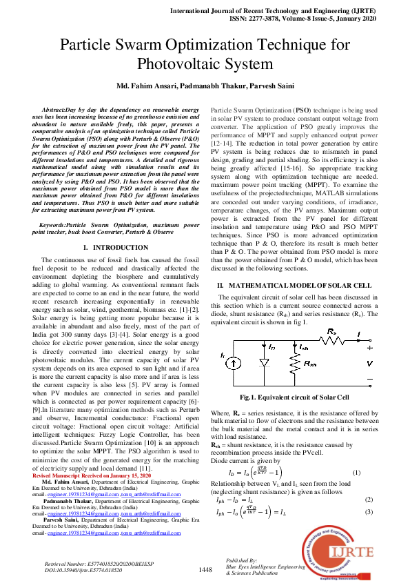 Pdf Particle Swarm Optimization Technique For Photovoltaic System