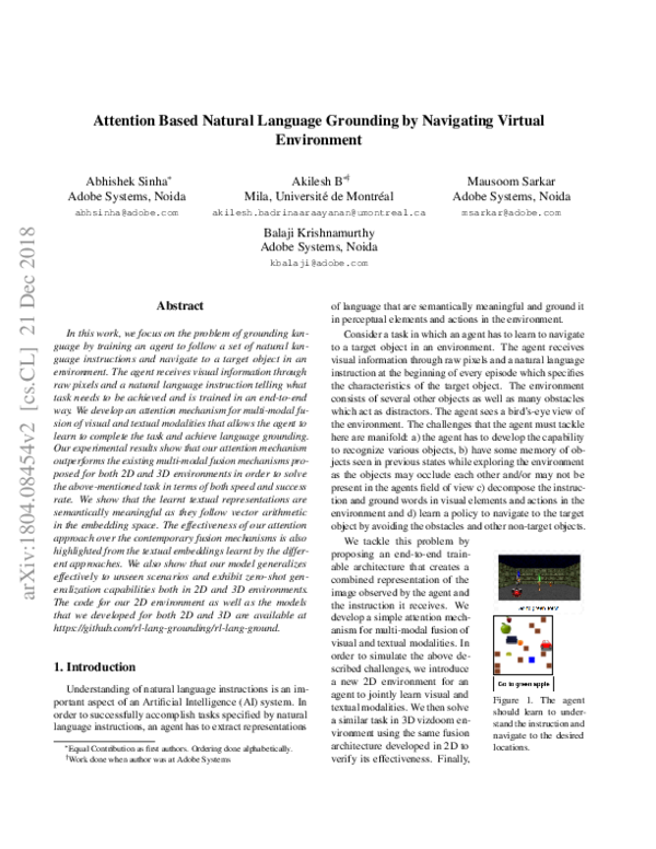 Pdf Attention Based Natural Language Grounding By Navigating Virtual Environment