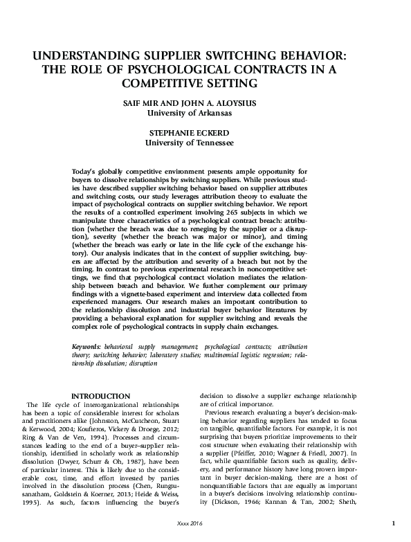 (PDF) Understanding Supplier Switching Behavior: The Role of ...