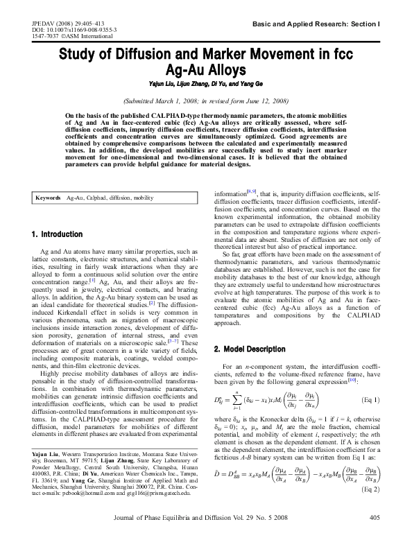 (PDF) Study of Diffusion and Marker Movement in fcc Ag-Au Alloys