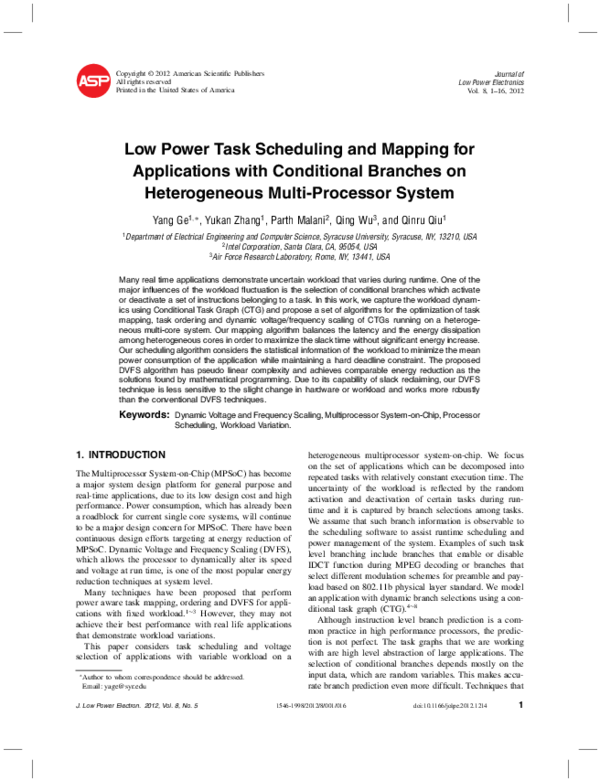 Pdf Low Power Task Scheduling And Mapping For Applications With Conditional Branches On