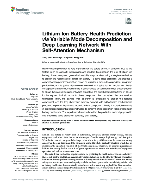 Pdf Lithium Ion Battery Health Prediction Via Variable Mode
