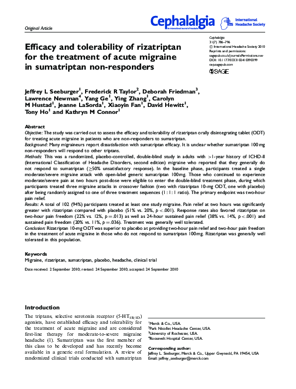 Pdf Efficacy And Tolerability Of Rizatriptan For The Treatment Of Acute Migraine In