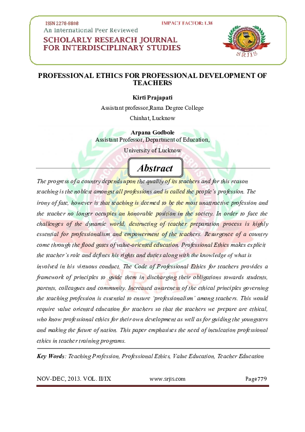 (PDF) PROFESSIONAL ETHICS FOR PROFESSIONAL DEVELOPMENT OF TEACHERS