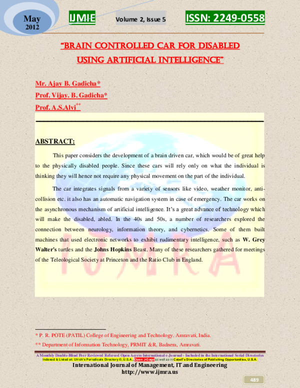 (PDF) Brain Controlled Car for Disabled Using Artificial Intelligence