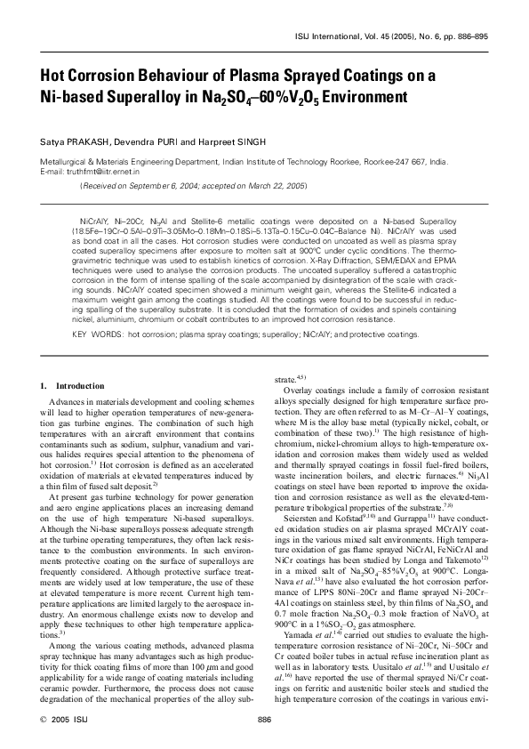 (PDF) Hot Corrosion Behaviour of Plasma Sprayed Coatings on a Ni-based Superalloy in Na2SO4-60 ...