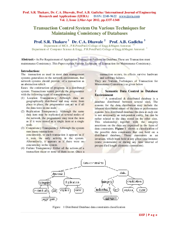 (PDF) Transaction Control System On Various Techniques for Maintaining Consistency of Databases