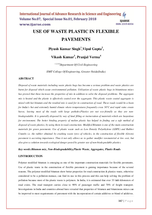 (PDF) Use of Waste Plastic in Flexible Pavements