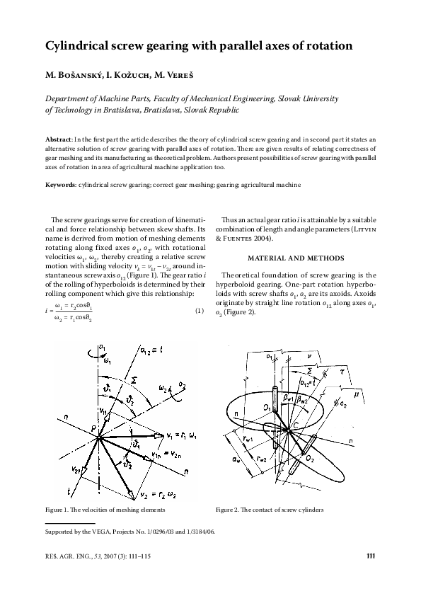 (PDF) Cylindrical screw gearing with parallel axes of rotation