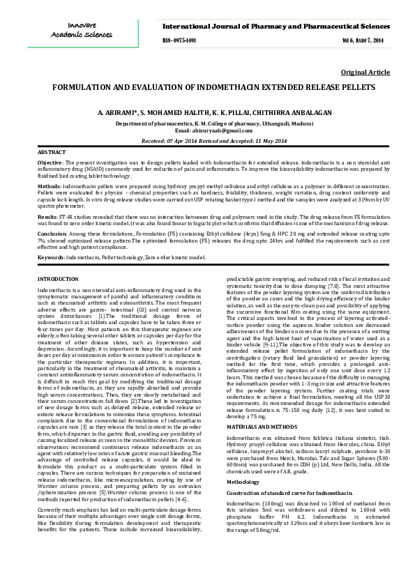 Pdf Formulation And Evaluation Of Indomethacin Extended Release Pellets Original Article