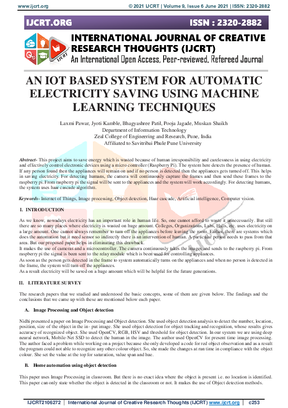Pdf An Iot Based System For Automatic Electricity Saving Using