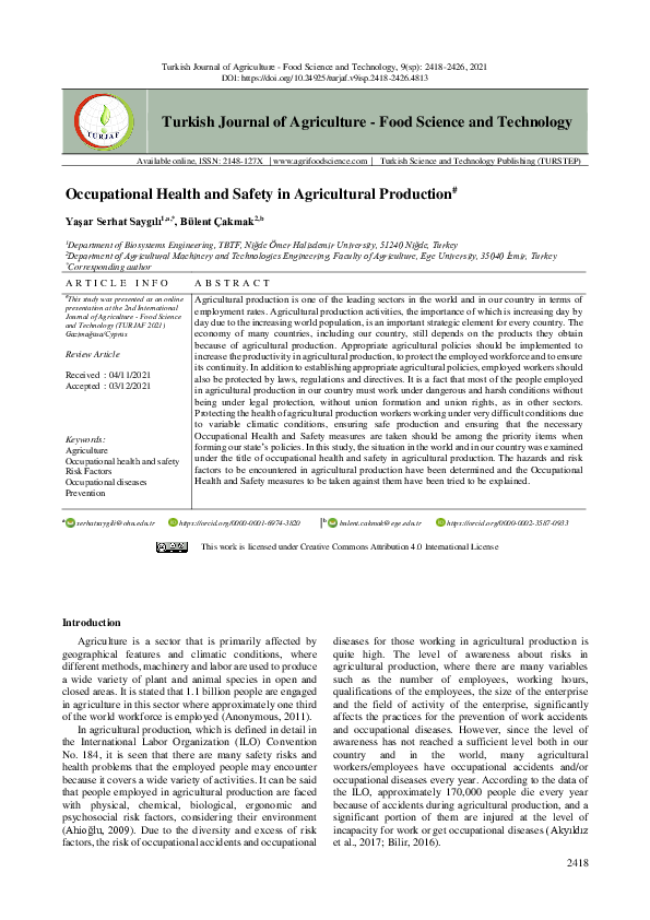 (PDF) Occupational Health and Safety in Agricultural Production