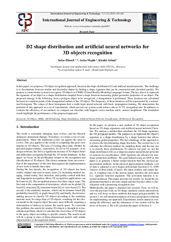 (PDF) D2 shape distribution and artificial neural networks for 3D objects recognition