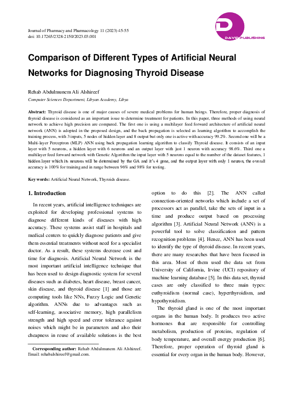 (PDF) Comparison of Different Types of Artificial Neural Networks for ...