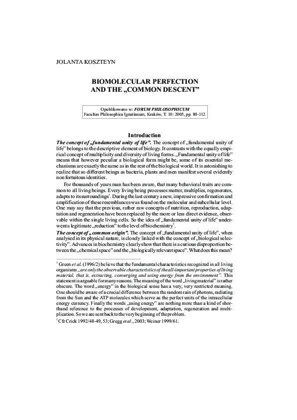 (PDF) Biomolecular perfection and the „common descent | Jolanta Koszteyn - Academia.edu