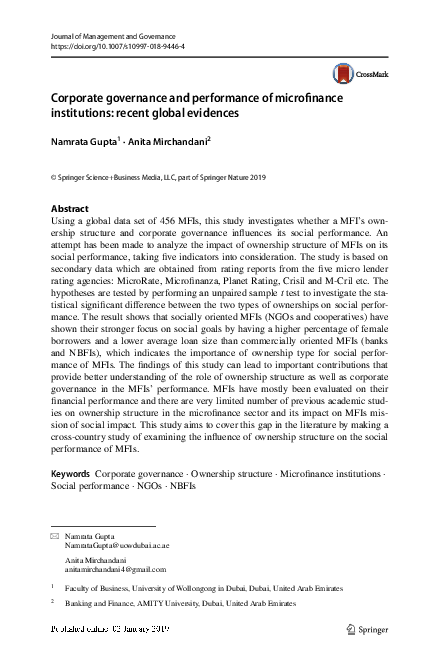 (PDF) Corporate governance and performance of microfinance institutions: recent global evidences