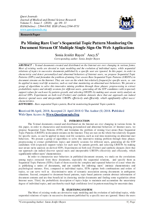 (PDF) Pa Mining Rare User ’ s Sequential Topic Pattern Monitoring On Document Stream Of Multiple ...