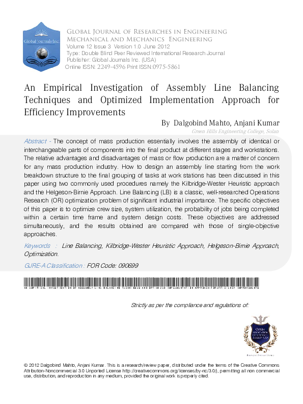 (PDF) An Empirical Investigation of Assembly Line Balancing Techniques and Optimized ...