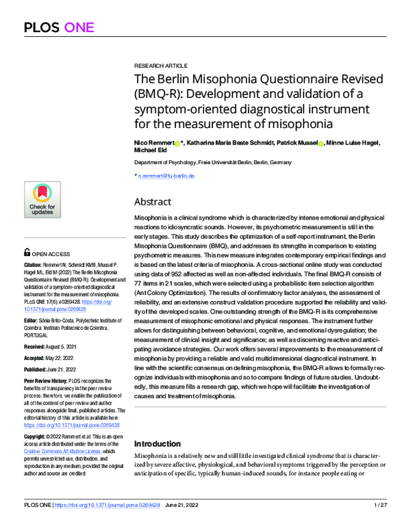 (PDF) The Berlin Misophonia Questionnaire Revised (BMQ-R): Development ...