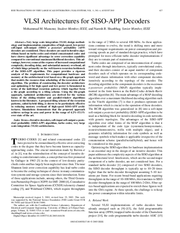 Pdf Vlsi Architectures For Siso App Decoders Mohammad Mansour