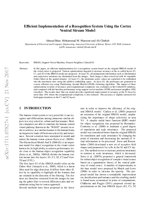 Pdf Efficient Implementation Of A Recognition System Using The Cortex