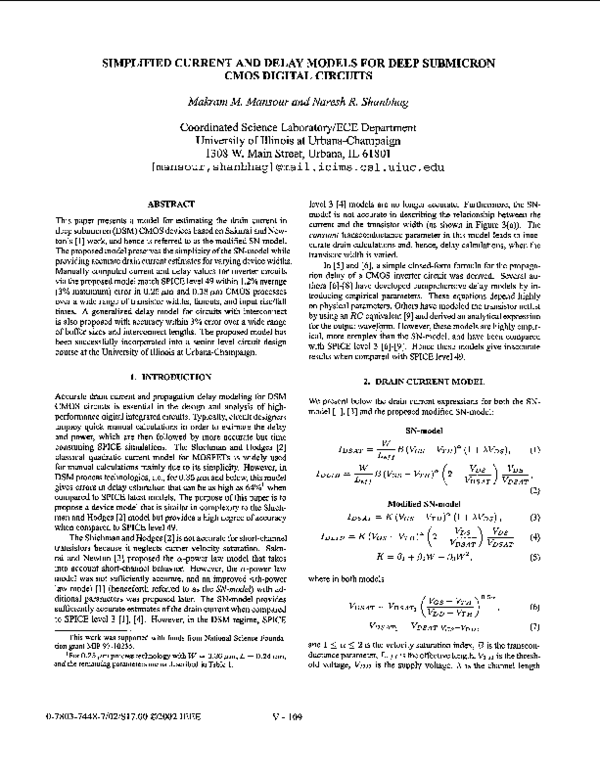 Pdf Simplified Current And Delay Models For Deep Submicron Cmos