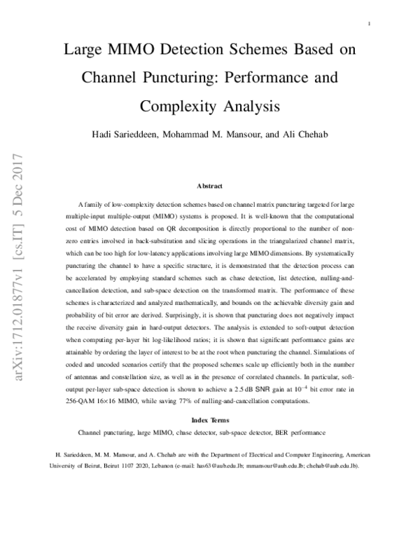 (PDF) Large MIMO Detection Schemes Based on Channel Puncturing: Performance and Complexity Analysis