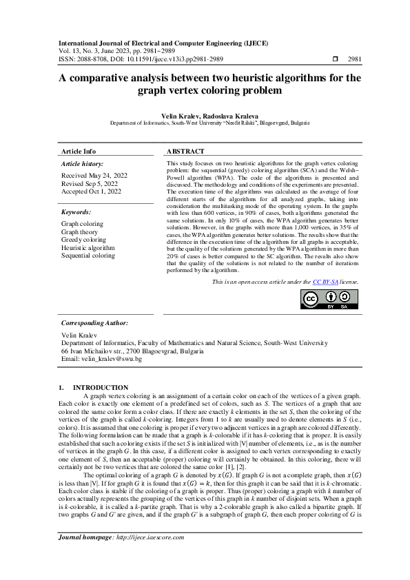 A comparative analysis between two heuristic algorithms for the graph ... A comparative analysis between two heuristic algorithms for the graph ...