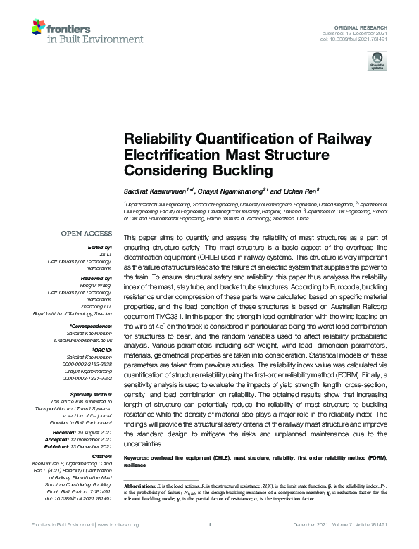 (PDF) Reliability Quantification of Railway Electrification Mast ...