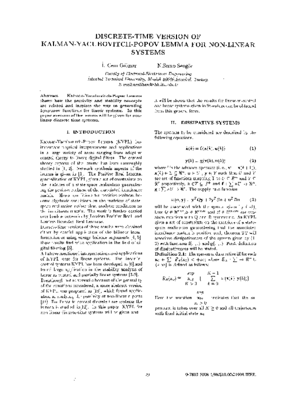 (PDF) Discrete-time version of Kalman-Yacubovitch-Popov lemma for non-linear systems