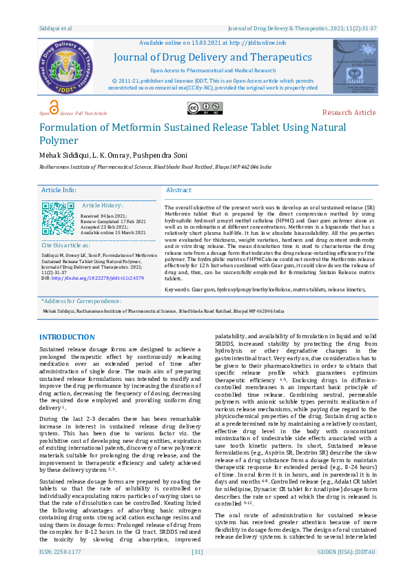 Pdf Formulation Of Metformin Sustained Release Tablet Using Natural Polymer