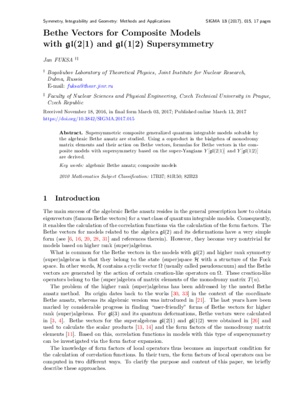 (PDF) Bethe Vectors for Composite Models with gl(2|1) and gl(1|2 ...