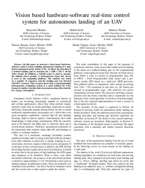 (PDF) Vision based hardware-software real-time control system for autonomous landing of an UAV