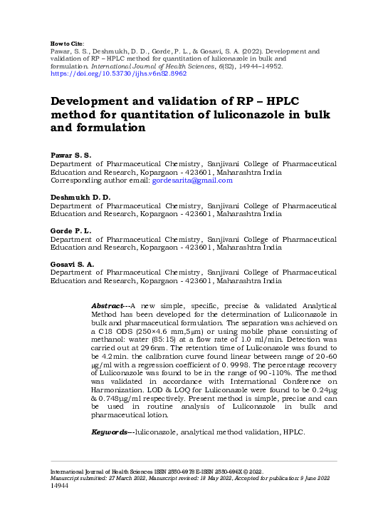 Pdf Development And Validation Of Rp Hplc Method For Quantitation Of Luliconazole In Bulk