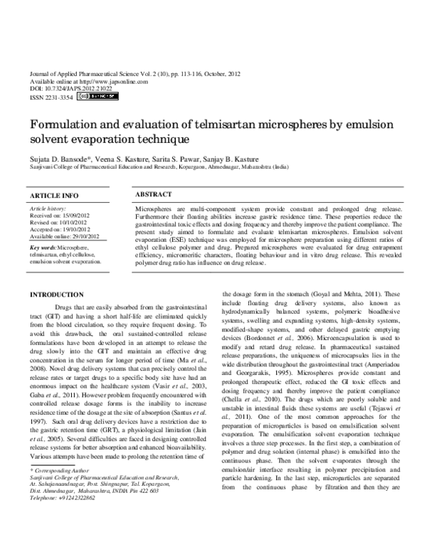 Pdf Formulation And Evaluation Of Telmisartan Microspheres By Emulsion Solvent Evaporation