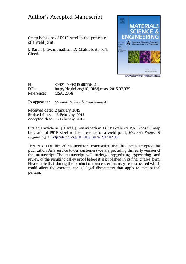 (PDF) Creep behavior of P91B steel in the presence of a weld joint