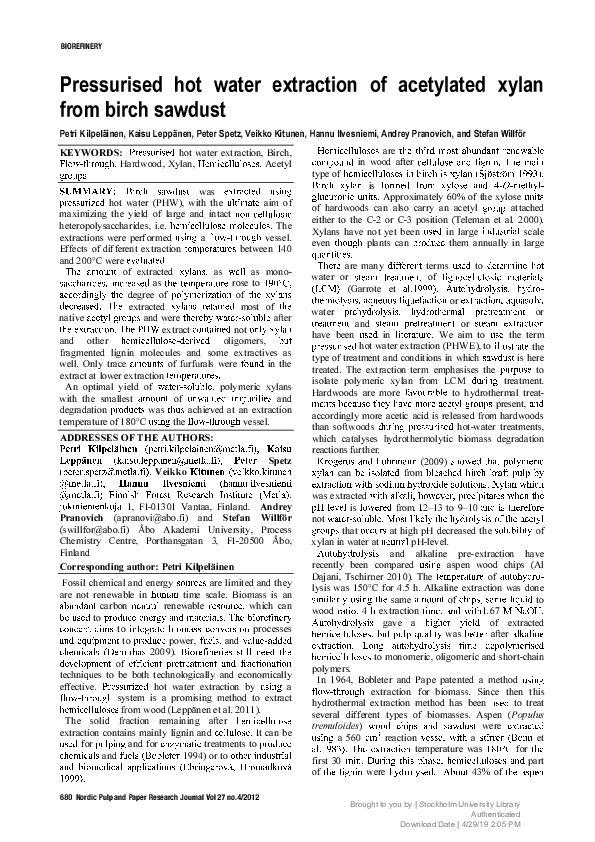 (PDF) BIOREFINERY. Pressurised hot water extraction of acetylated xylan ...