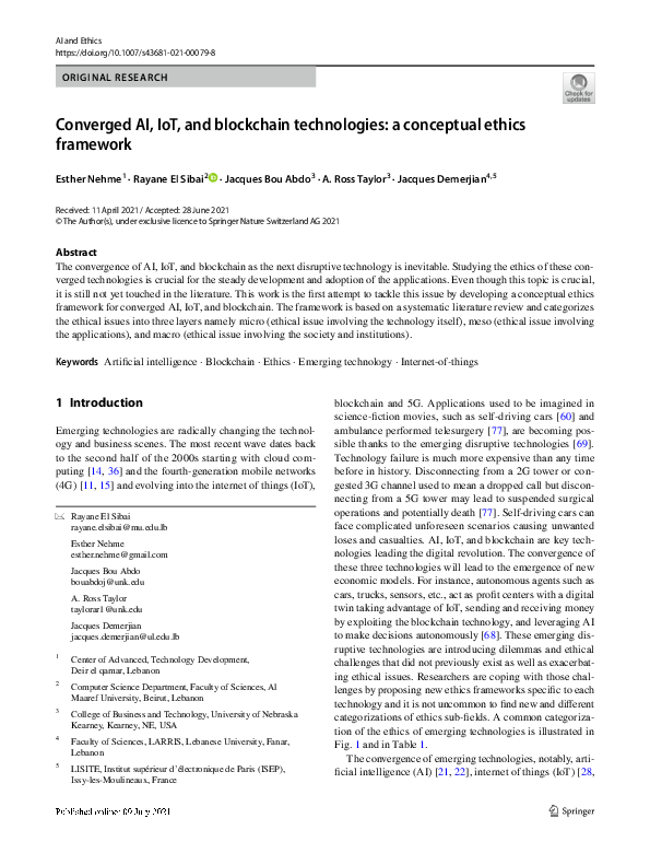 (PDF) Converged AI, IoT, and blockchain technologies: a conceptual ethics framework