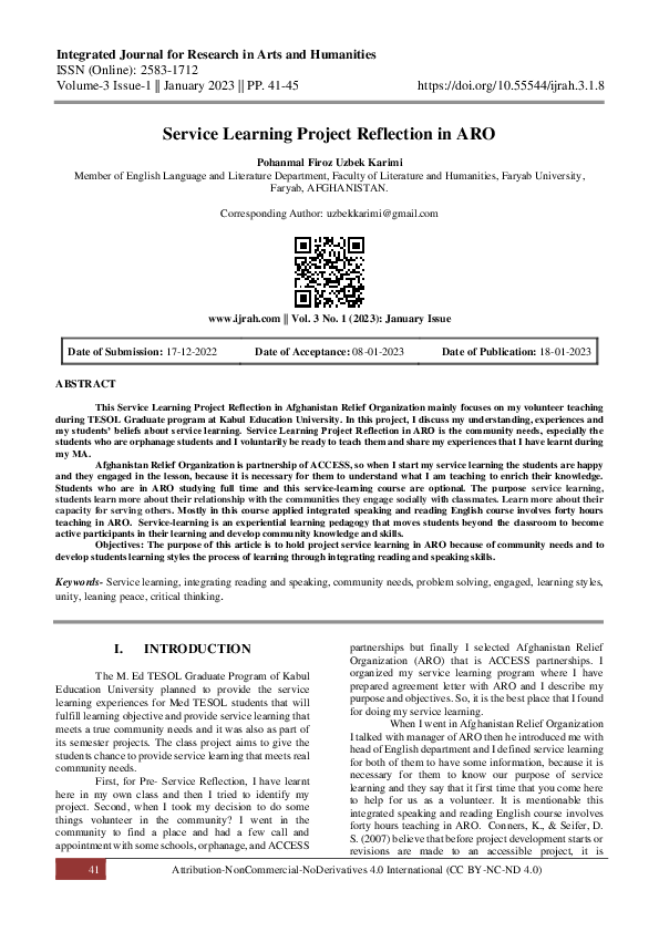 (PDF) Service Learning Project Reflection in ARO