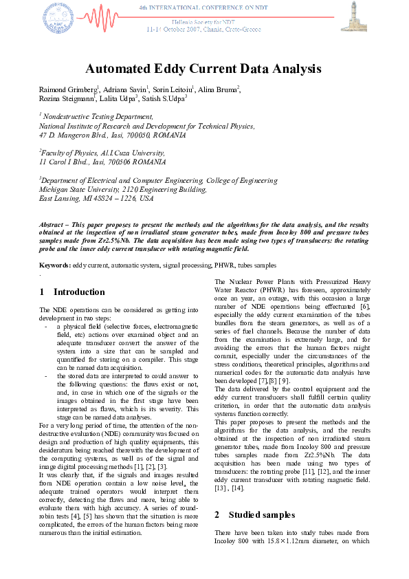 (PDF) Automated eddy current data analysis