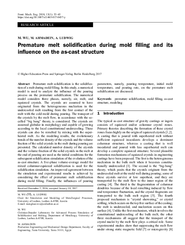 (PDF) Premature melt solidification during mold filling and its ...