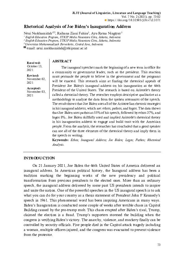 (PDF) Rhetorical Analysis of Joe Biden’s Inauguration Address