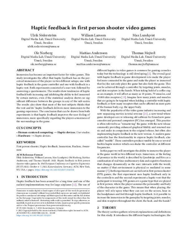 (PDF) Haptic feedback in first person shooter video games