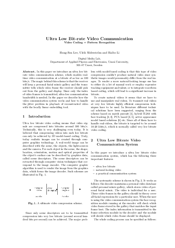 Pdf Ultra Low Bit Rate Video Communication Video Coding Pattern Recognition Ulrik
