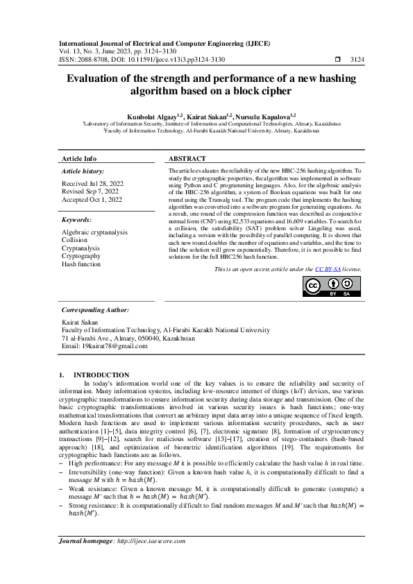 Pdf Evaluation Of The Strength And Performance Of A New Hashing Algorithm Based On A Block Cipher