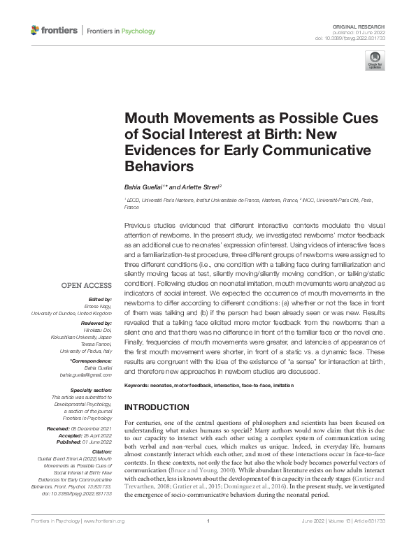 (PDF) Mouth Movements as Possible Cues of Social Interest at Birth: New ...
